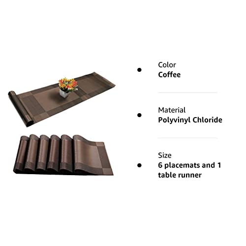 Placemats with Table Runner Sets Place Mats, Woven Crossweave Placemat Vinyl Kitchen Tablemat, Washable PVC Table Mats for Dining Table, Parties, Farmhouse, Thanksgiving, Christmas & Gathering (Brown)