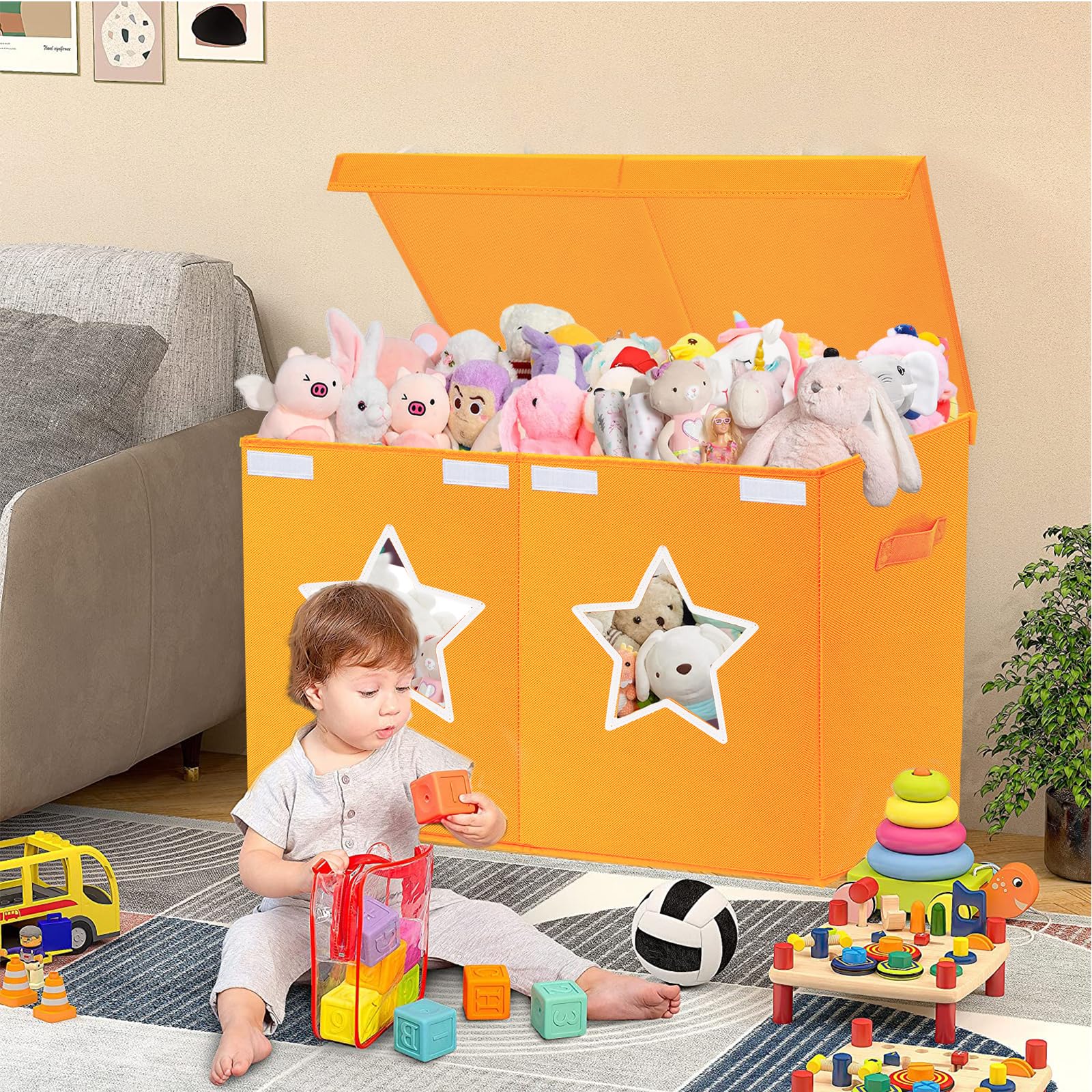 Large Toy Box Chest,Collapsible Sturdy Storage Bins with Lids,Large Kids Toy Storage Organizer Boxes Baskets for Kids,Boys,Girls,Toddler,Nursery Room,Playroom(Orange Star)