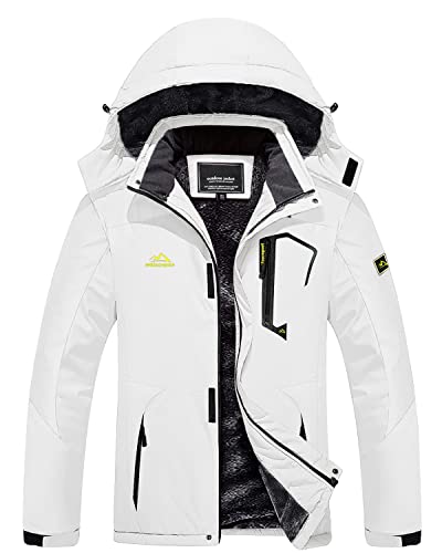 TACVASEN Men's Skiing Jacket with Hood Hiking Fishing Travel Fleece Jacket Parka Coat White, 2XL