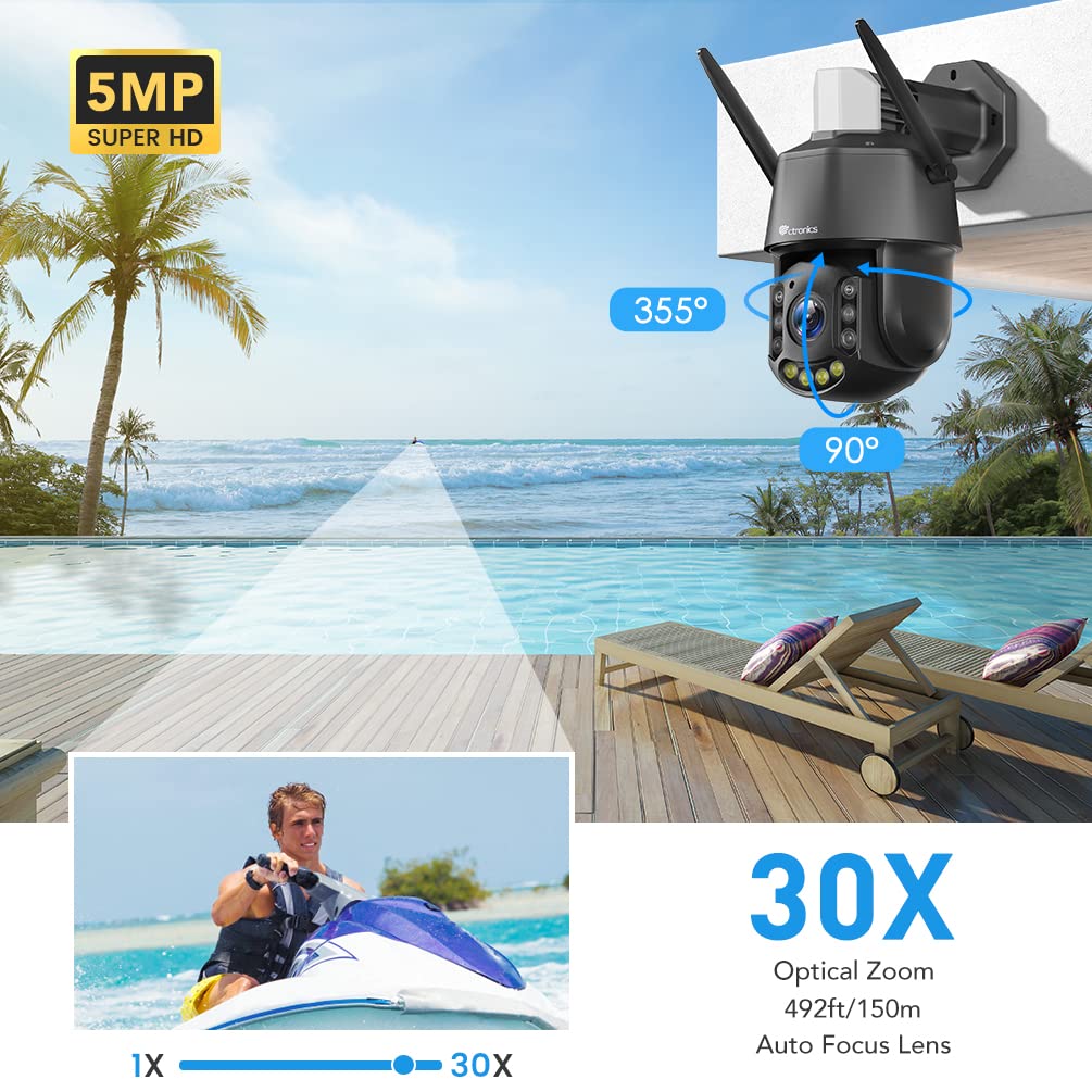 Ctronics 5MP 30X Optical Zoom Security Camera Outdoor, PTZ WiFi IP Camera with Red & Blue Warning Lights, Auto Cruise & Zoom, Human Detection Auto Tracking 492ft Night Vision 2-Way Audio IP66 (Black)