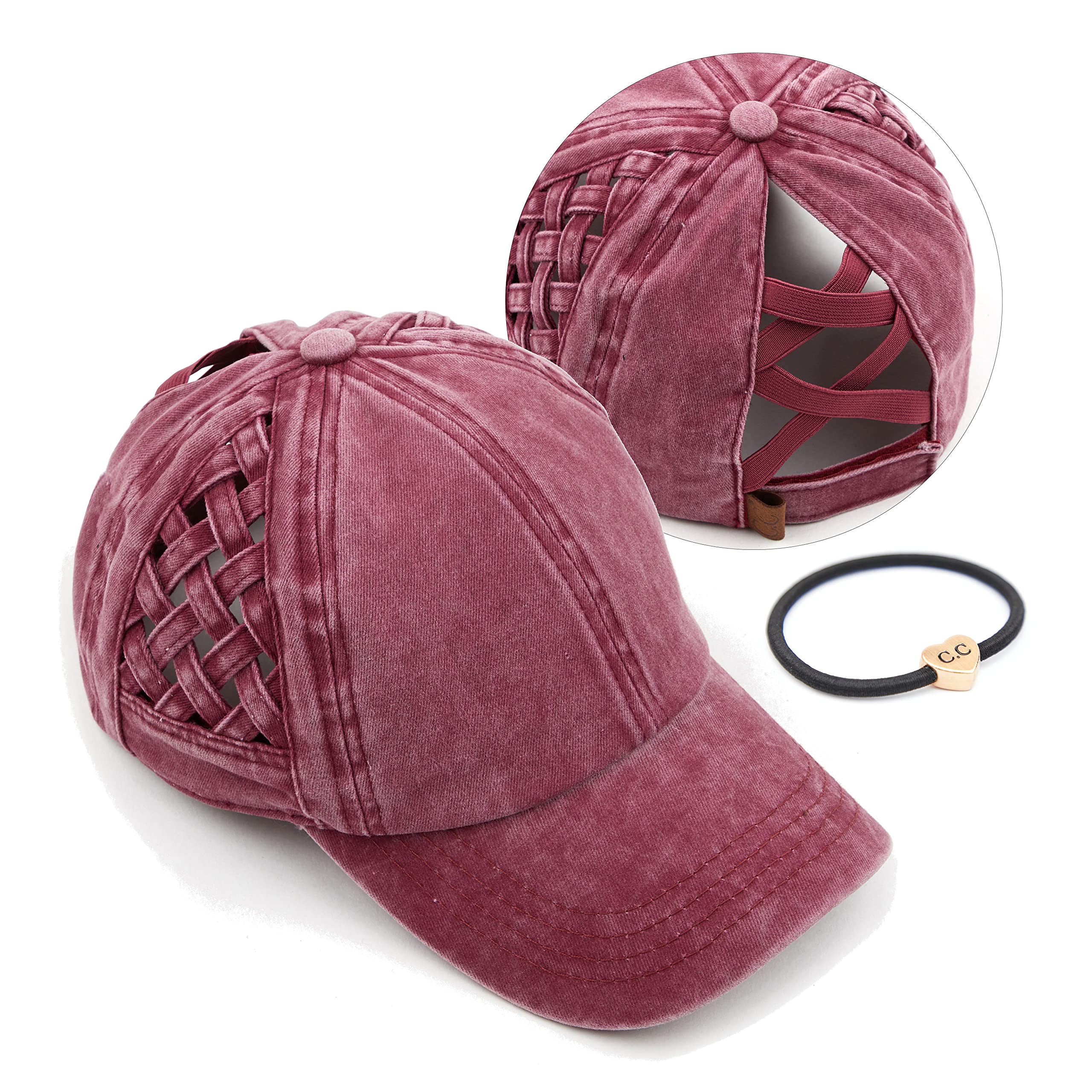 C.C Exclusives Washed Cotton Denim Basket Weave Criss-Cross Ponytail Baseball Cap Bundle Hair Tie (BT-922) (Black)
