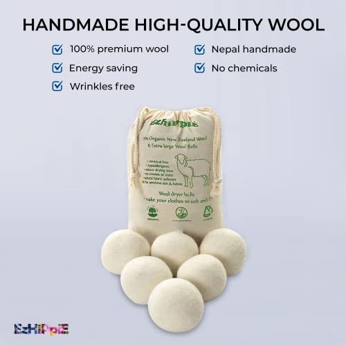 Quality Wool Dryer Balls - 6 XL Pack - 1000+ Loads - Pure Organic Wool -Reusable Natural Fabric Softener Perfect with Essential Oils, Reduce Clothing Static and Wrinkles