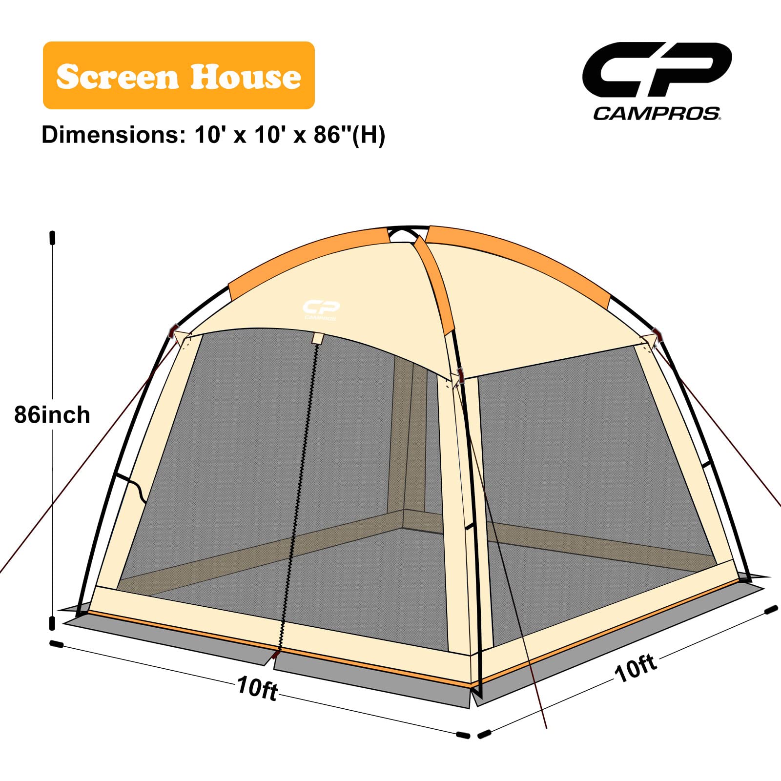 CAMPROS CP Screen House 10 x 10 Ft Screened Mesh Net Wall Canopy Tent Screen Shelter Gazebos for Patios Outdoor Camping Activities - Beige