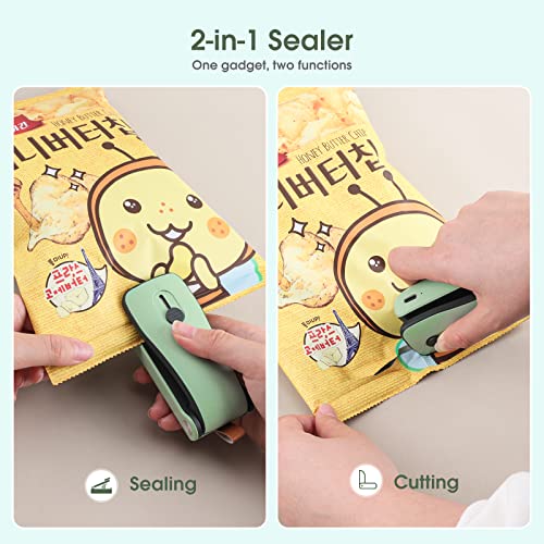 NOVFIT Mini Bag Sealer, 2 in 1 Rechargeable Heat Sealer Portable Bag Sealing Machine, Handheld Vaccum Plastic Bag Resealer, Keep Food Chips Cookies Snacks Fresh Kitchen Gadgets, Green