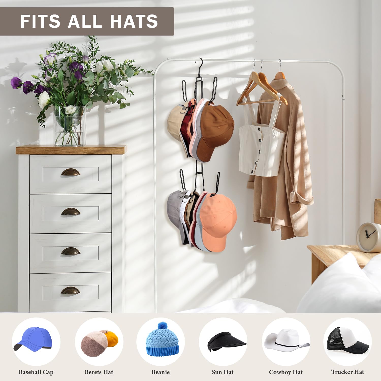 ERCVZAVZ Hat Hangers for Closet, 2 Pack Stainless Steel Hat Organizer for Baseball Caps, 360°Rotating Hat Racks for Baseball Caps, Stable Baseball Cap Organizer for Closet
