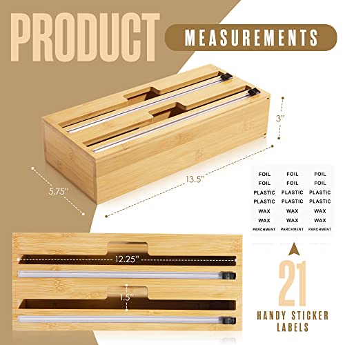 Plastic Wrap Dispenser with Cutter, Aluminum Foil Organizer, Two in One Roll Holder, 13.5"x5.75"x3", Wooden, Bamboo, Reusable, Saran Wrapper Dock, Wax Paper Dispensers for Kitchen Drawer | Houseables