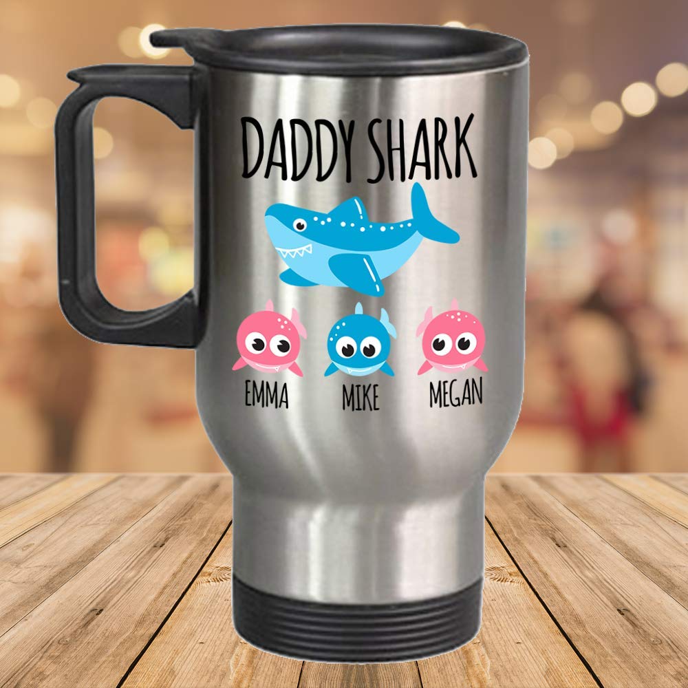 Daddy Shark Mug - Custom Dad Mug - Personalized Gift For Dad - Father's Day Gift From Wife - Travel Mug With Kids Names