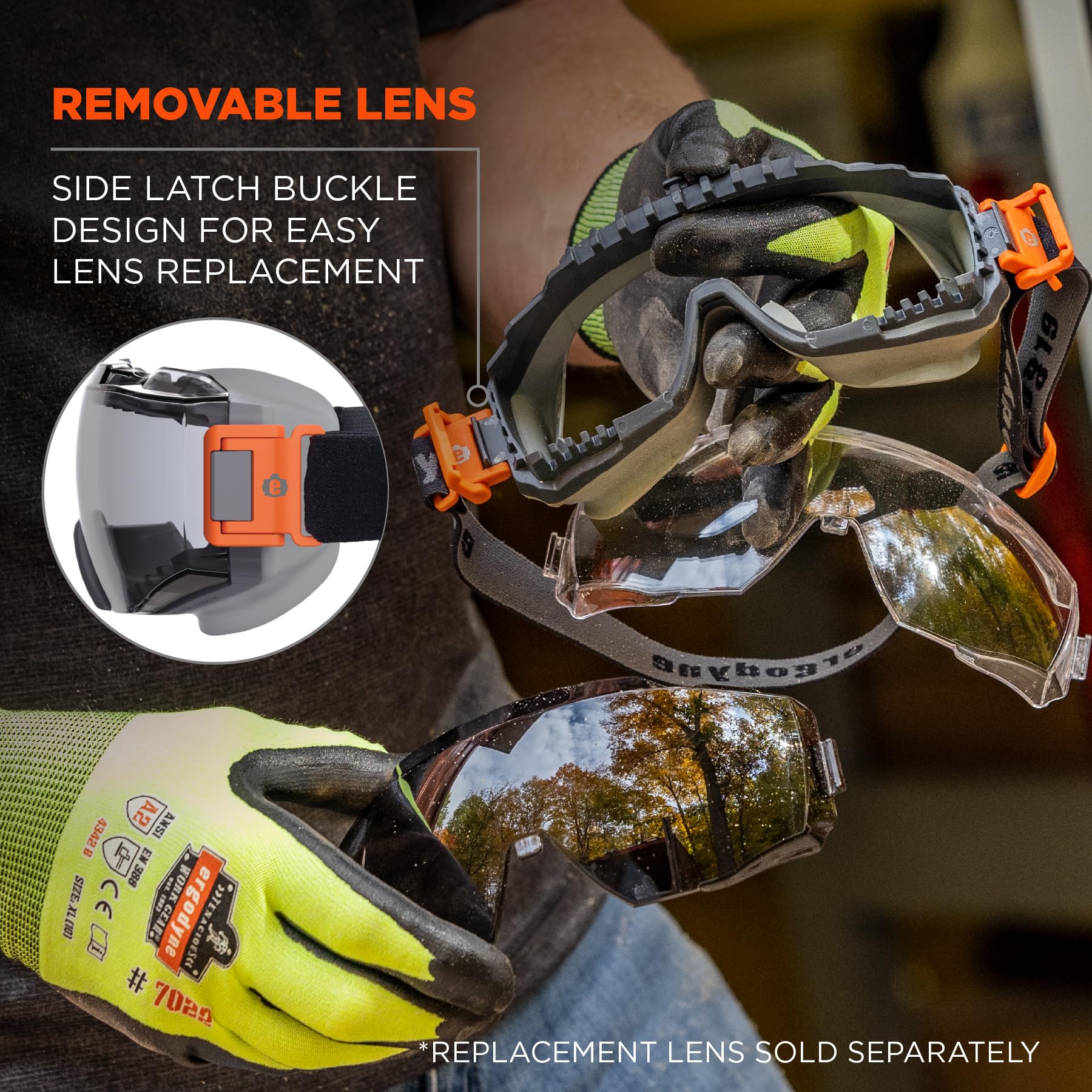 Ergodyne Skullerz Modi Protective OTG Safety Goggle, Indirect Venting, Anti Fog, Scratch Resistant, Adjustable Fabric Strap