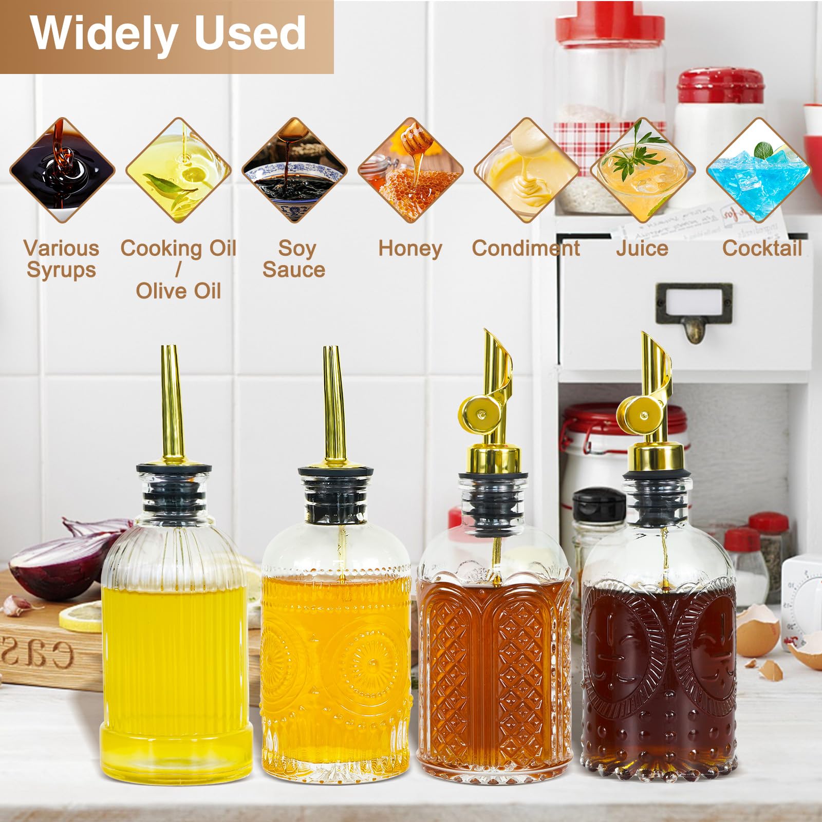 Coffee Syrup Dispenser Bottles Set 4 Pcs, 7oz/200ml Coffee Bar Accessories with Metal Pour Spout, Simple Syrup Bottles for Coffee Syrups, Honey, Condiments, Olive Oil, with Label, Funnel, Cork, Brush