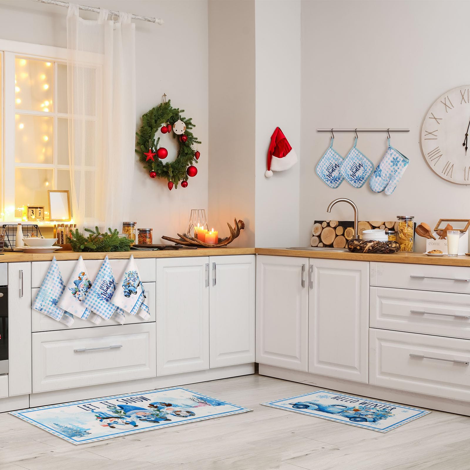 Fanfanwin 10 Pcs Christmas Winter Oven Mitts Pot Holders Kitchen Rug and Towel Set Wonderland Absorbent Kitchen Towels for Baking Cooking BBQ Gifts Kitchen Decor