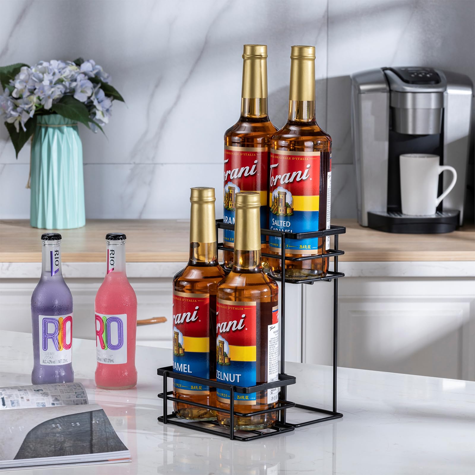 Coffee Syrup Organizer Rack, (4 Bottle Capacity),2 Tier Coffee Syrup holder for Coffee Bar Accessories,Kitchen,Storage for Syrup, Wine, Dressing(Black)