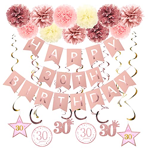 GuoZhiXin Rose Gold 30th Birthday Party Decorations , Rose gold Glittery Happy 30th Birthday Banner,Poms,Sparkling Hanging Swirls Kit for 30th Birthday Party Supplies