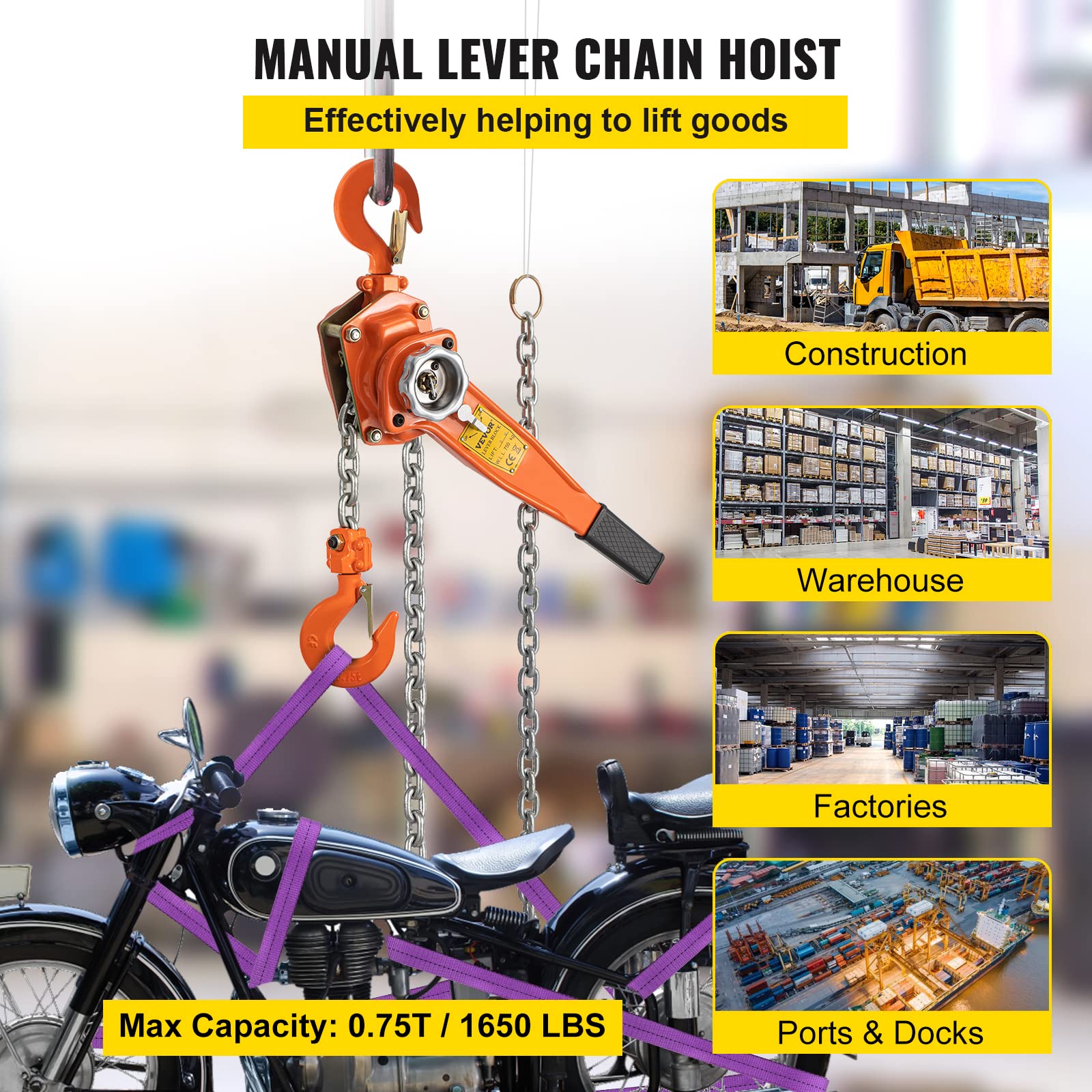 VEVOR Lever Chain Hoist, 0.75Ton 1650lbs Capacity Ratchet Puller with 10FT Max. Lifting Height, Come Along 2 Heavy Duty Steel Hooks, Manual Handling Tool for Cargo Moving in Construction, Warehouse , Orange