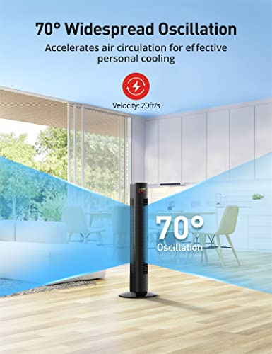 Mirdred Tower Fan with Remote, 36” Bladeless Fan, 70° Oscillating Fan for Bedroom, 3 Speeds, 3 Modes, 12H Timer, LED Display, Quiet Cooling Standing Floor Fans for Home Living Room Office, Black
