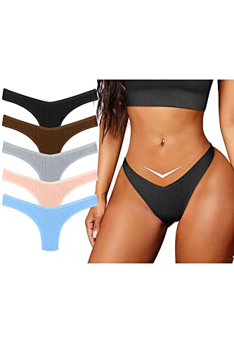 OQQ Women‘s 5 Piece Thongs Underwear Cotton Breathable Low Rise Hipster Panties Sexy S-XL 1Black 1Coffee 1Grey 1Skin 1Candyblue