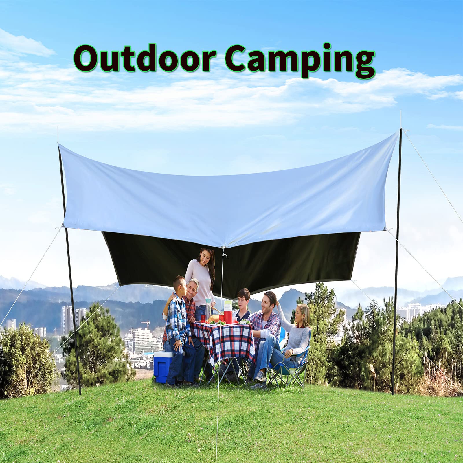 CAMPMAC Lightweight Camping Tarp Set, (10 Ftx13 Ft) - with 2 Heavy Duty Poles, Hammock Tarp, Hammock Tent, Rain Tarp for Used with Car, Tent and Hammock in Camping - (Silver/Black)