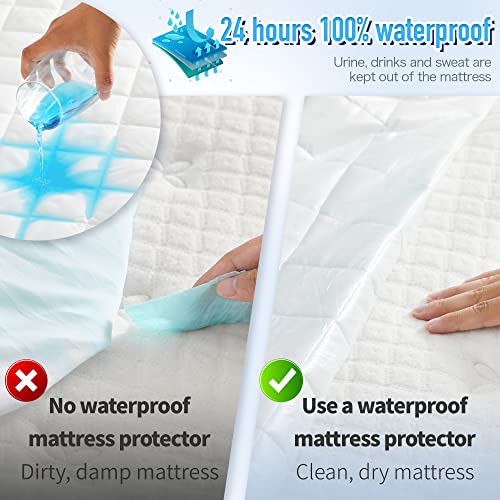 HYLEORY California King Size Waterproof Mattress Pad Protector, Breathable Quilted Mattress Cover Noiseless Waterproof Fitted Sheet Mattress Topper Upto 21" Deep Pocket, White