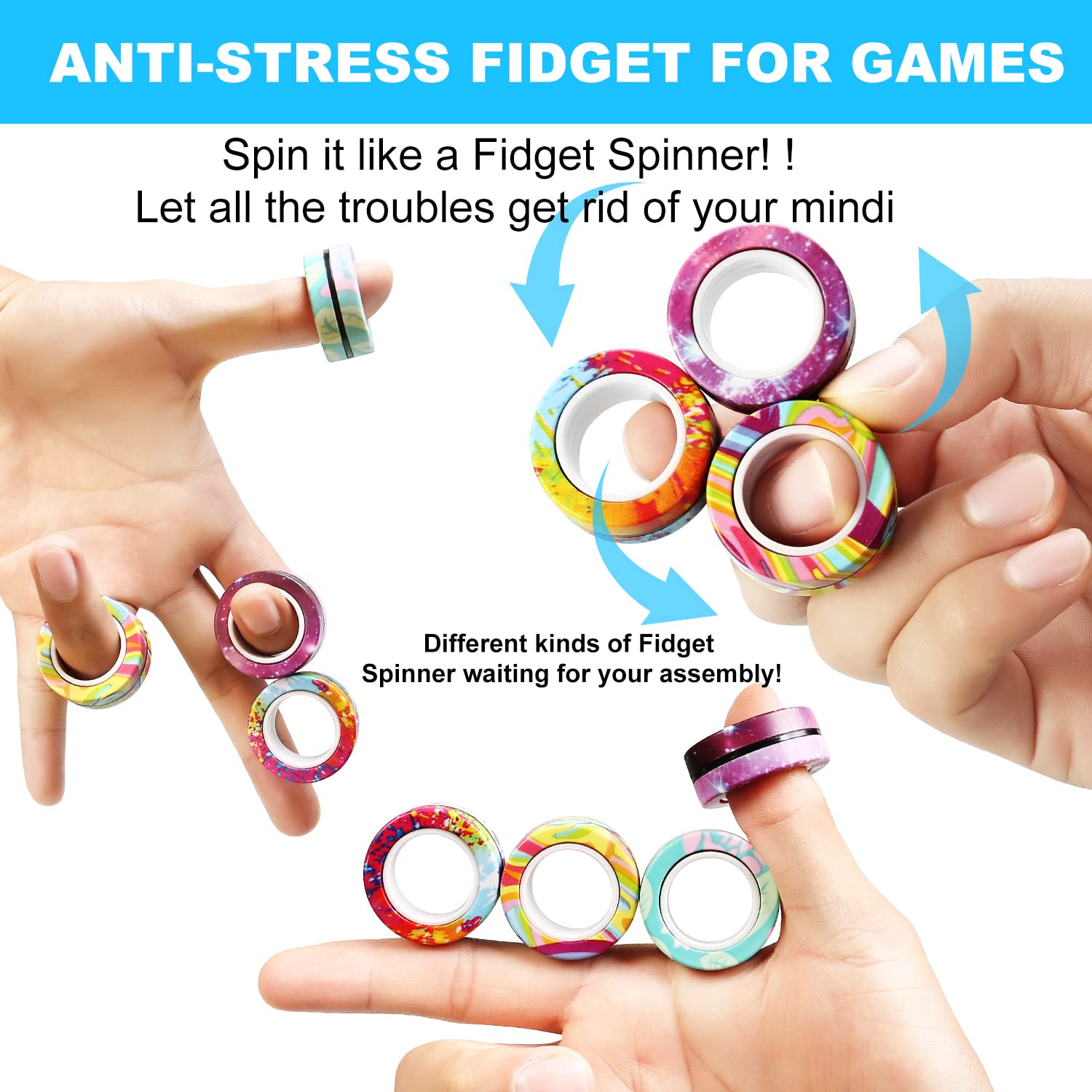 Pushmick 9 Pcs Finger Magnetic Rings Fidget Toys, Colorful Magnet Rings, Great Fidget Rings for Training Relieves Reducer Autism Anxiety.