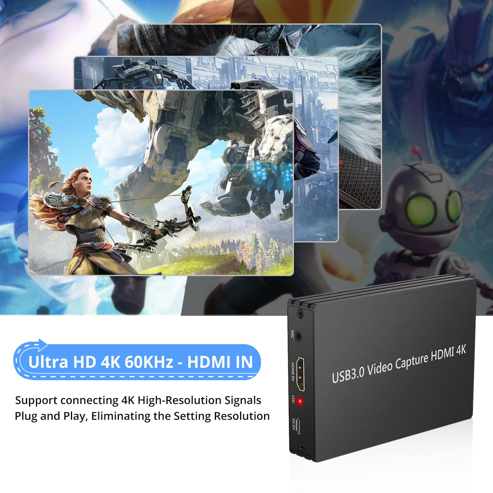 CAMWAY Video Capture Card, 4k HDMI Game Capture 1080P HDMI to USB 3.0 Live Video, HDMI Loop-Out Microphone Input Audio Output Support Windows Linux Mac OS YouTube OBS Twitch for PS3 PS4 Xbox Wii U