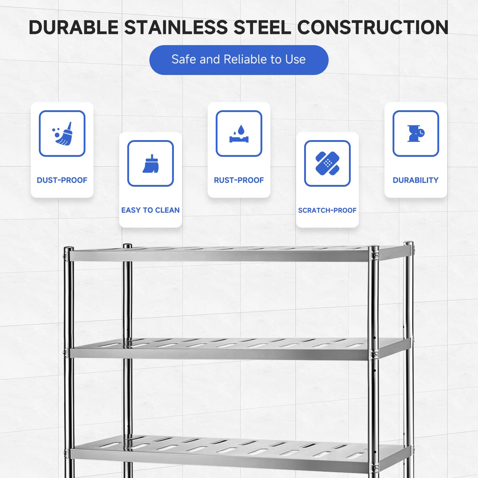 Garvee Stainless Steel Shelves,60x18x72 in Storage Shelf 5-Tier Heavy Duty Adjustable Shelf Unit with Adjustable Height and Vent Holes for Kitchen Garage Office Restaurant,330lb Per Shelf
