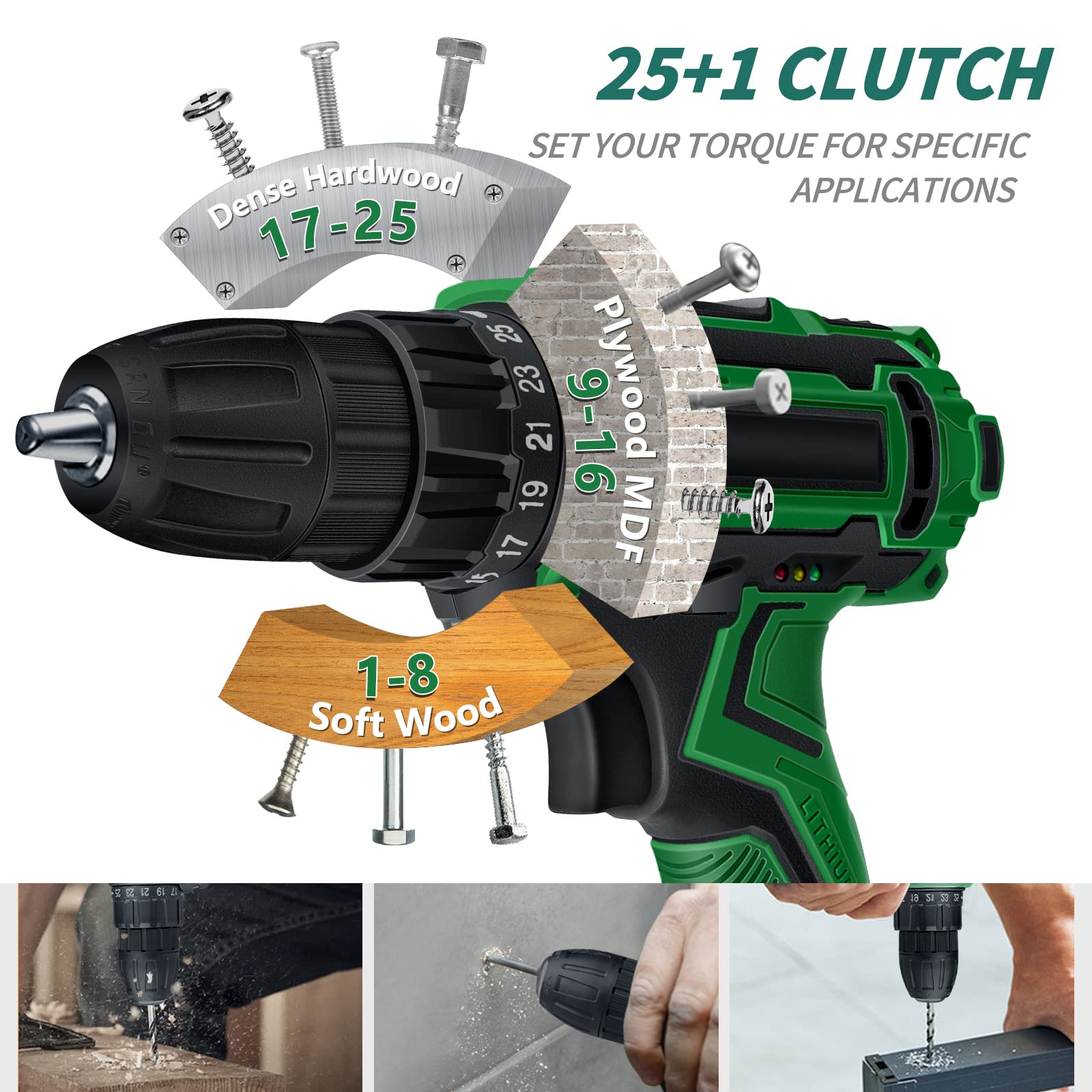 Cordless Drill Driver Set 21V, Power Drill Cordless 23PCS with Batteries 1500mAh, 25+1 Torque Hammer Drill, 3/8" Chuck, 2 Speed, 0-600 RPM/0-1300 RPM Variable Speed, LED Light for Home