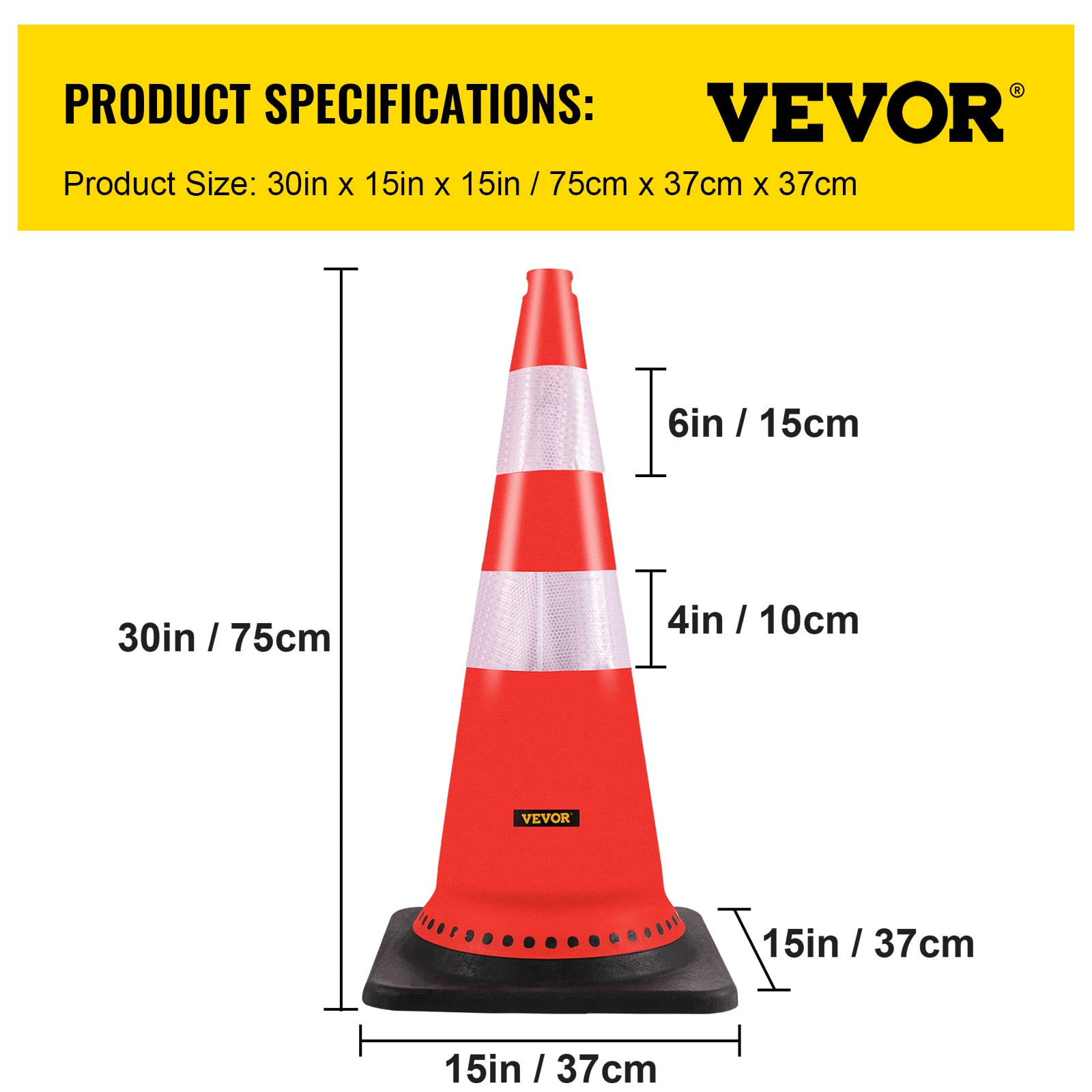 VEVOR Safety Cones, 8 x 30" Traffic Cones, PVC Orange Construction Cones, Reflective Collars Traffic Cones w/Black Weighted Base Used for Traffic Control, Driveway Road Parking and School Improvement