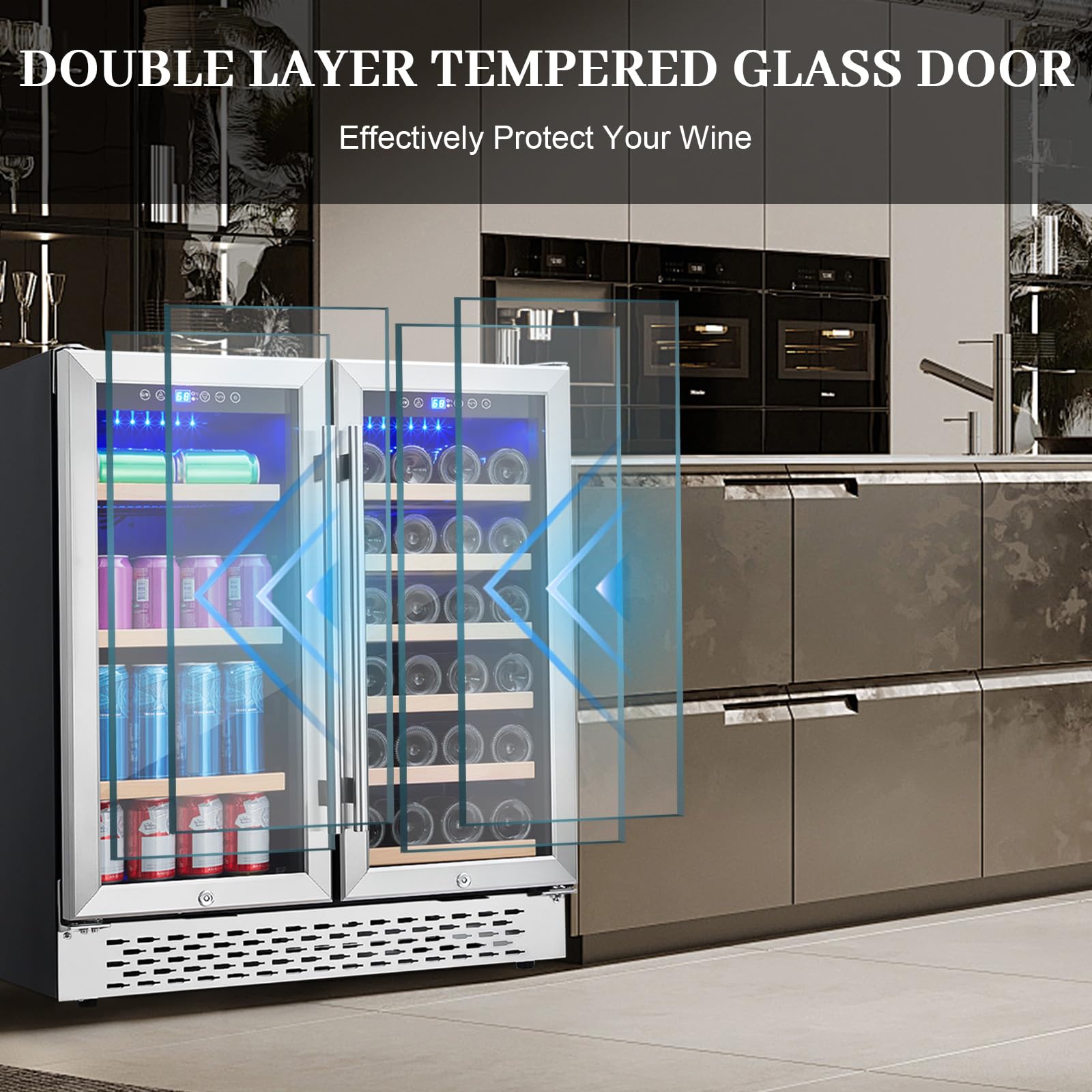 Garvee Wine Fridge, Wine Cooler Dual Zone, Wine and Beverage Refrigerator 28 Bottles and 80 Cans with Glass Door, Adjustable Shelves, Digital Temperature Control, Freestanding/Built-in