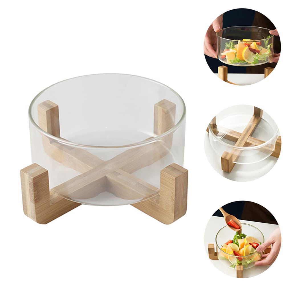 DOITOOL Creative Glass Serving Bowls, Round Salad Container, Clear Salad Serving Bowl with Wood Stand for Pistachios, Edamame, Cherries, Nuts, Fruits, Candies