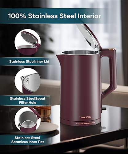 INTASTING Electric Kettle for boiling water Double Wall 100% Stainless Steel Inner 1500W Fast Heating 1.5L Hot Water Boiler Auto Shut-Off & Boil Dry Protection BPA-Free Electric Tea Kettle Red