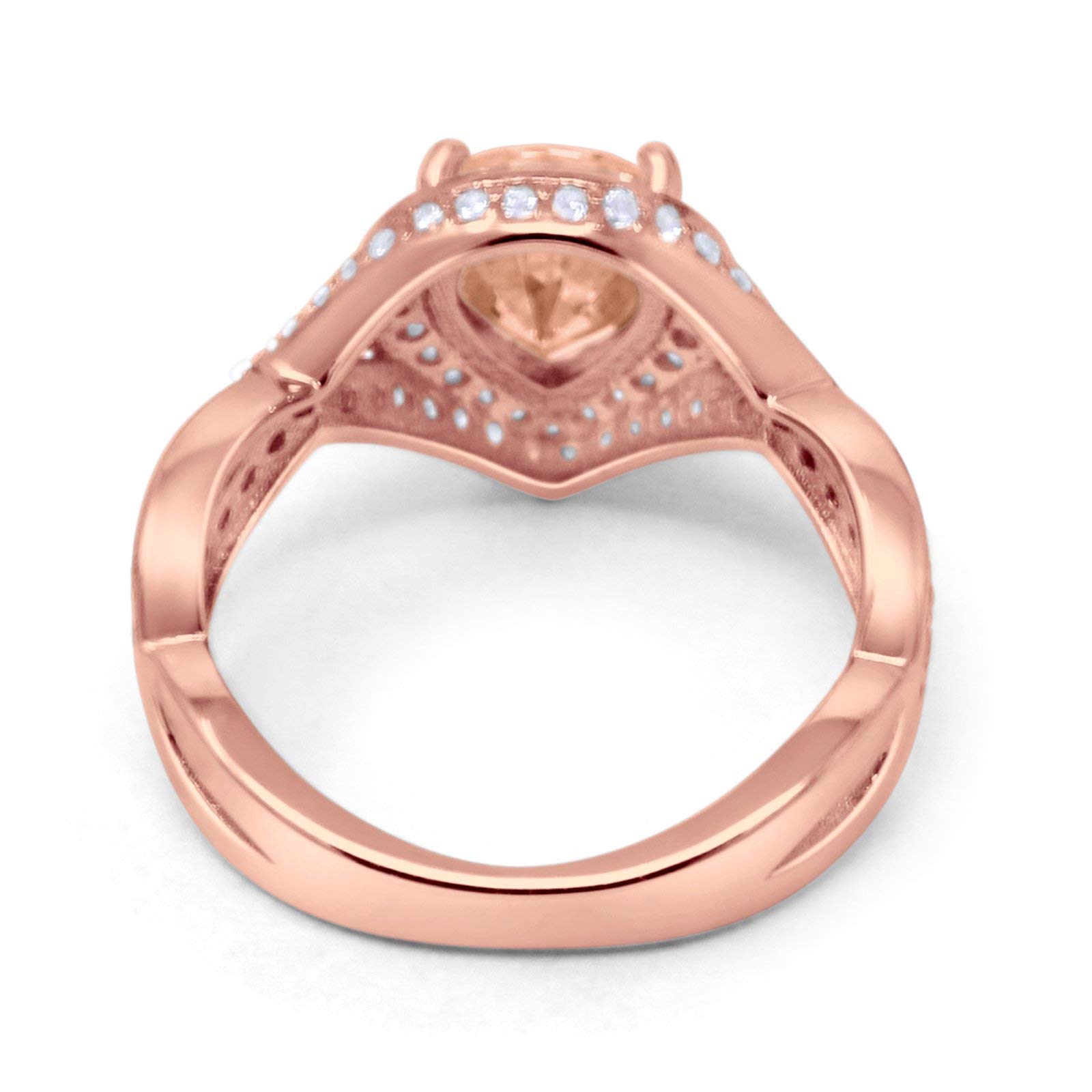Blue Apple Co. Teardrop Engagement Bridal Ring Halo Infinity Twist Shank Pear Round Rose Tone Simulated Morganite Cubic Zirconia 925 Sterling Silver Size-7