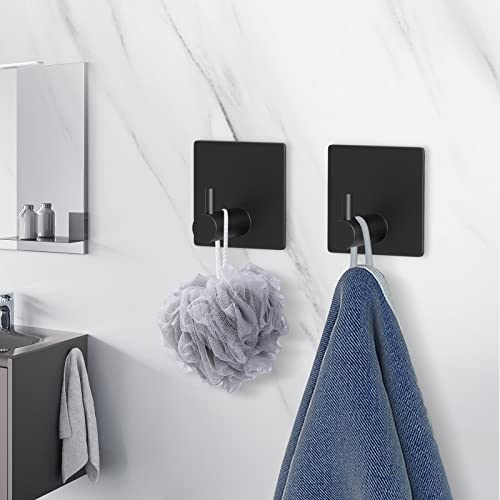 PMMASTO Adhesive Hooks Heavy Duty Stick on Wall Waterproof Aluminum Towel Hooks Door Hooks Adhesive Towel Hooks Adhesive Holders for Hanging Hat Towel Coat Robe Clothes Bathroom Bedroom 6PC (Black)