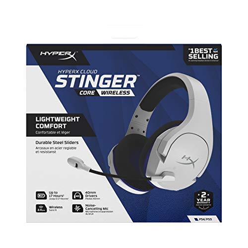 HyperX HHSS1C-KB-WT/G Cloud Stinger Core β Wireless Gaming Headset, for PS4, PS5, PC, Lightweight, Durable Steel Sliders, Noise-Cancelling Microphone - White