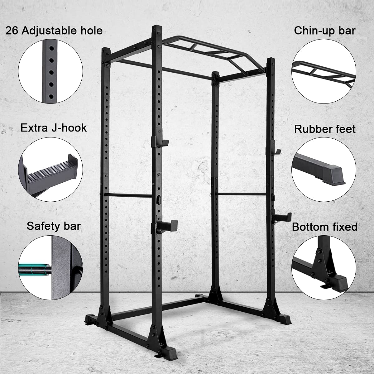 Power Rack Power Cage Workout Station Home Gym for Weightlifting Bodybuilding and Strength Training (1200lb Capacity with 2 Extra J-Hooks)