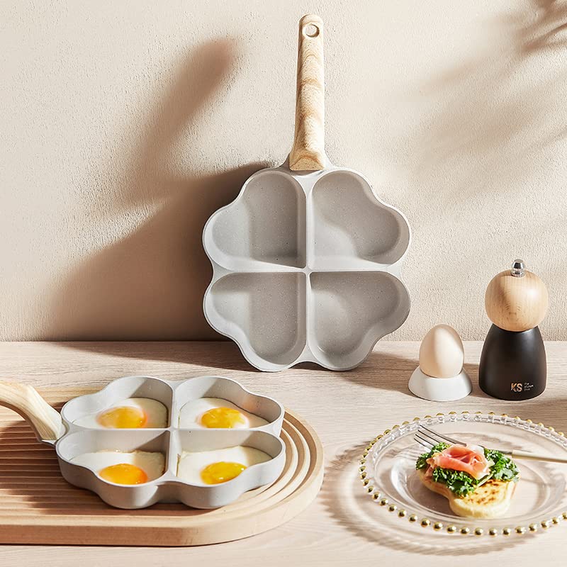 DAFEIKE Heart Egg Pan Heart Pancake Pan Nonstick Heart Shape Frying Pan 4 Cup Egg Shaped Skillet, Ivory