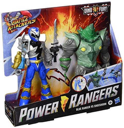 Power Rangers Dino Fury Battle Attackers 2-Pack Blue Ranger vs. Shockhorn Kicking Action Figure Toys with Accessory Inspired by TV Show Ages 4 and Up