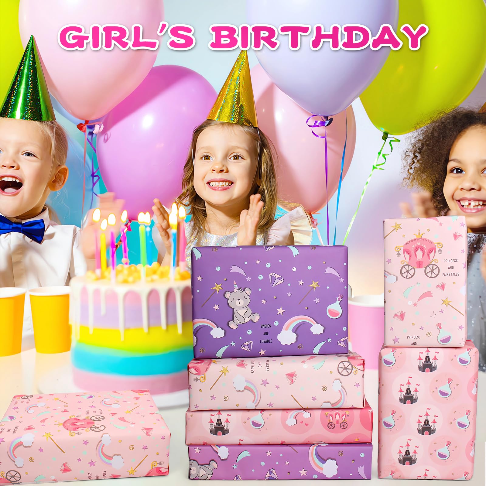 Edunass Wrapping Paper Girls Birthday Wrapping Paper Sheets,Purple Castle Pink Gift Wrapping Paper Set Gift Wrap Birthday Paper(6 Sheets 28" Lx20 W per Sheet)