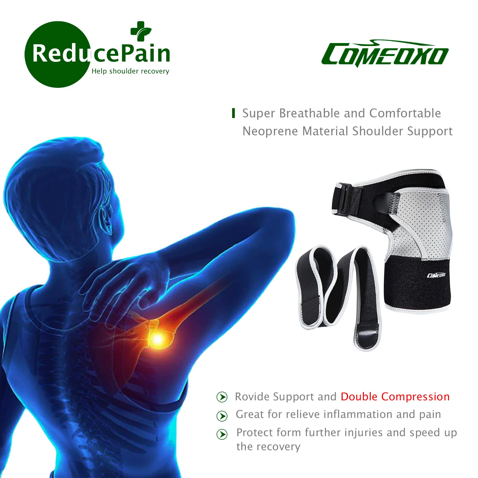 COMEOXO Shoulder Brace, Shoulder Support for Women and Men - for Torn Rotator Cuff, Dislocated Shoulder, Pain Relief, Support and Compression, Shoulder Sling for Shoulder Stability and Recovery, Fits Left and Right Arms (Size:Medium)