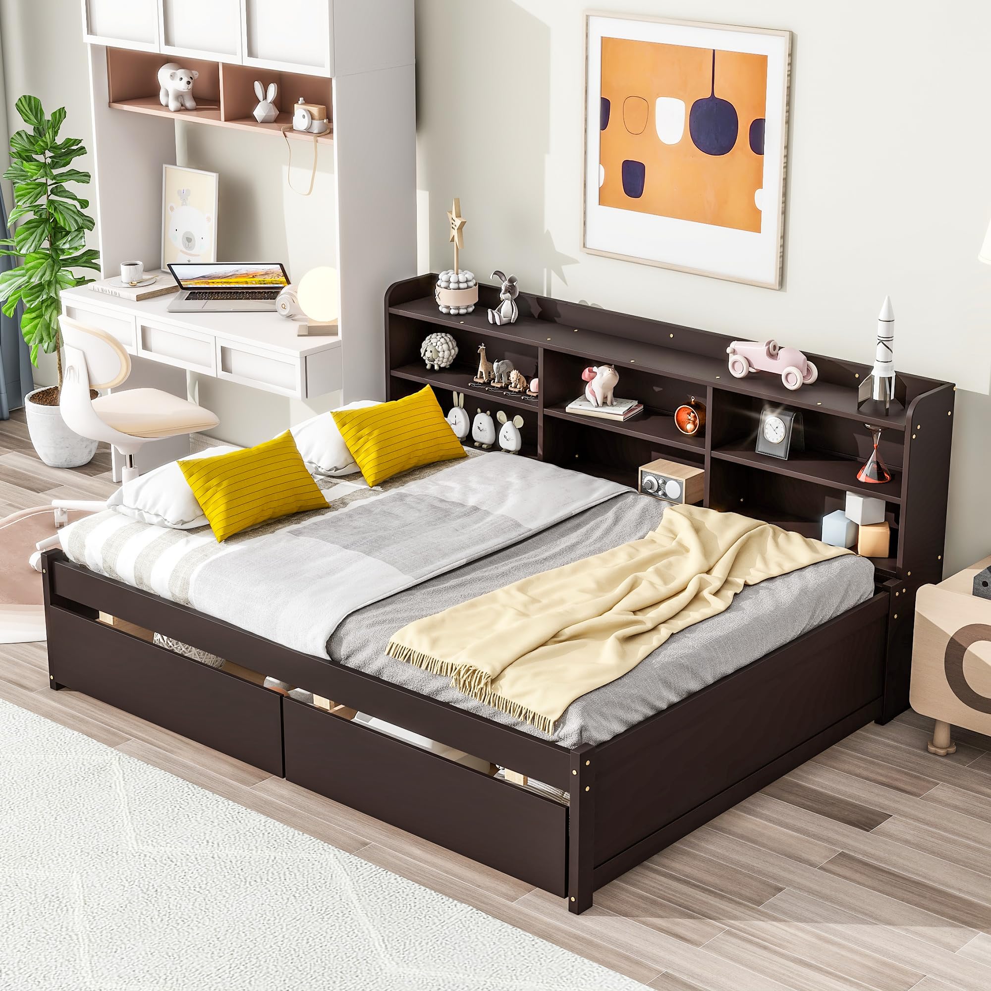 DNChuan Full Size Daybed with Bookcase and Underneath Storage Drawers,Captains Corner Day Bed,No Box Spring Needed for Kids Boys Girls Adults,Espresso