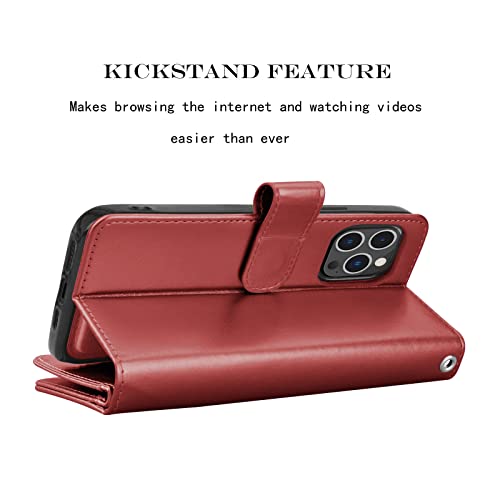 NJJEX Wallet Case for iPhone 14 Pro 6.1" 2022, for iPhone 14 Pro Case, [9 Card Slots] PU Leather ID Credit Holder Folio Flip [Detachable] Kickstand Magnetic Phone Cover & Lanyard [Wine Red]