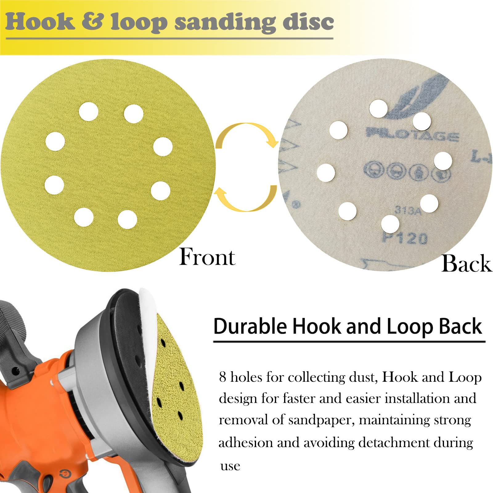 M-jump 100 Pack 5 Inch Sanding Discs, 120 Grit Hook and Loop Sandpaper for Woodworking or Automotive, 8 Hole Gold Premium Dustless Random Orbit Sandpaper