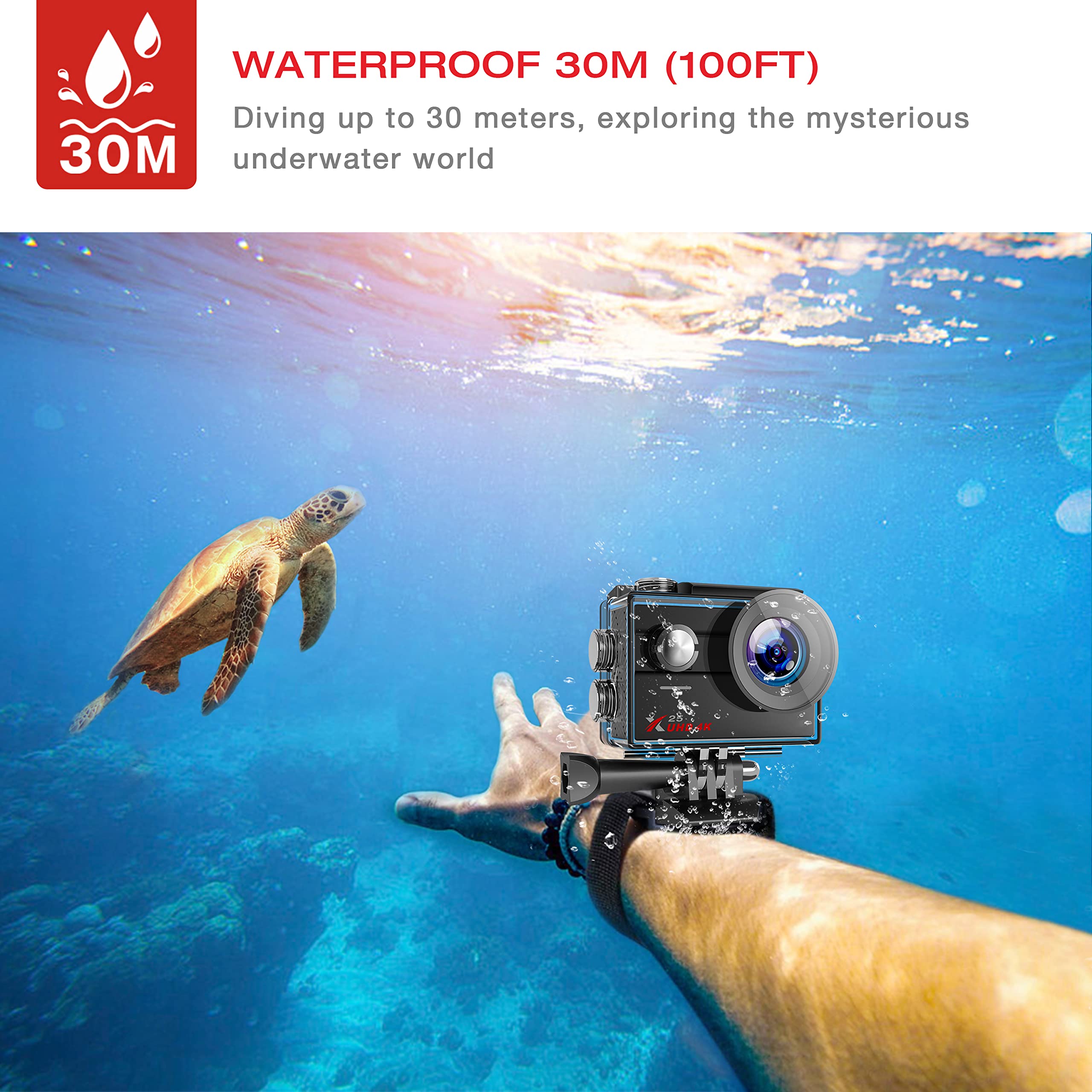 CAMWORLD Action Camera 4K WiFi Waterproof Underwater Camera 170° Wide Angle Ultra HD Sports Cam with 2 Batteries and Accessories