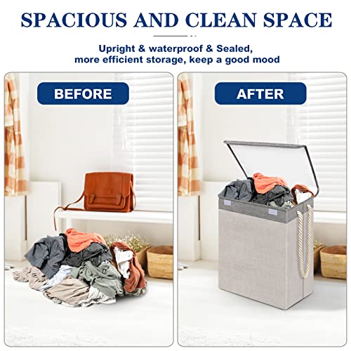 POBOMVOM 60L Laundry Basket with Lid, Hampers for Laundry with Rope Handles Waterproof Lining Detachable Brackets Dirty Clothes Hamper for Bedroom, Bathroom Dorm Organization (19 inches, Light Grey)