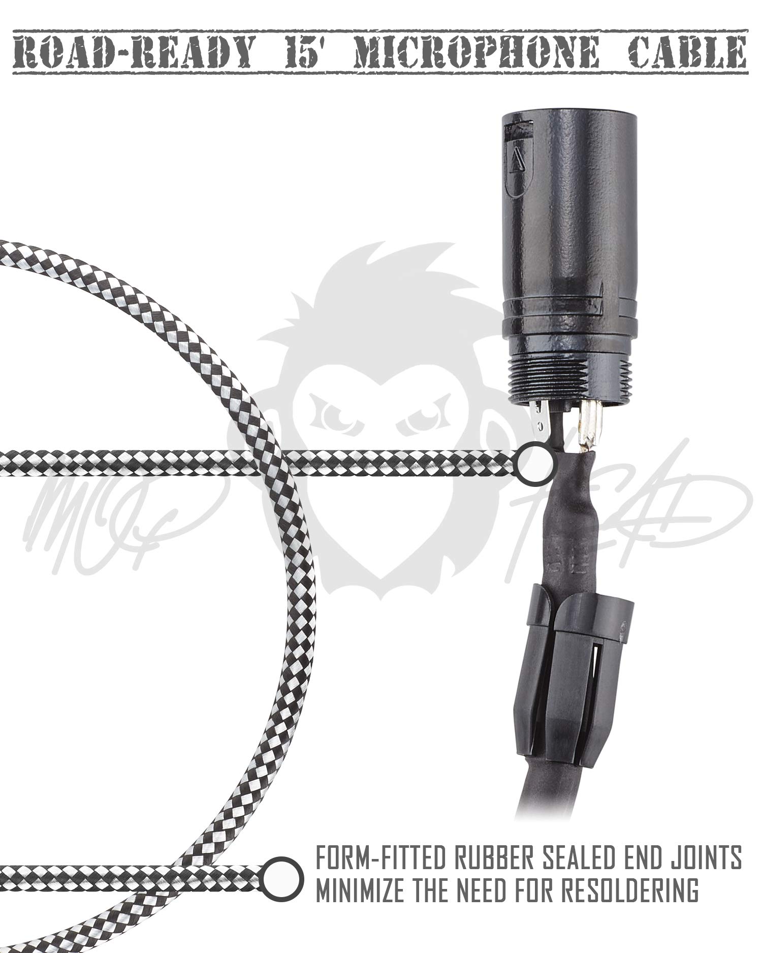 Mophead 15-Foot Balanced XLR Microphone Cable - 3-Pin XLR Male to XLR Female Pro Grade Double Insulated Tweed Braided (Black and White Diamond)