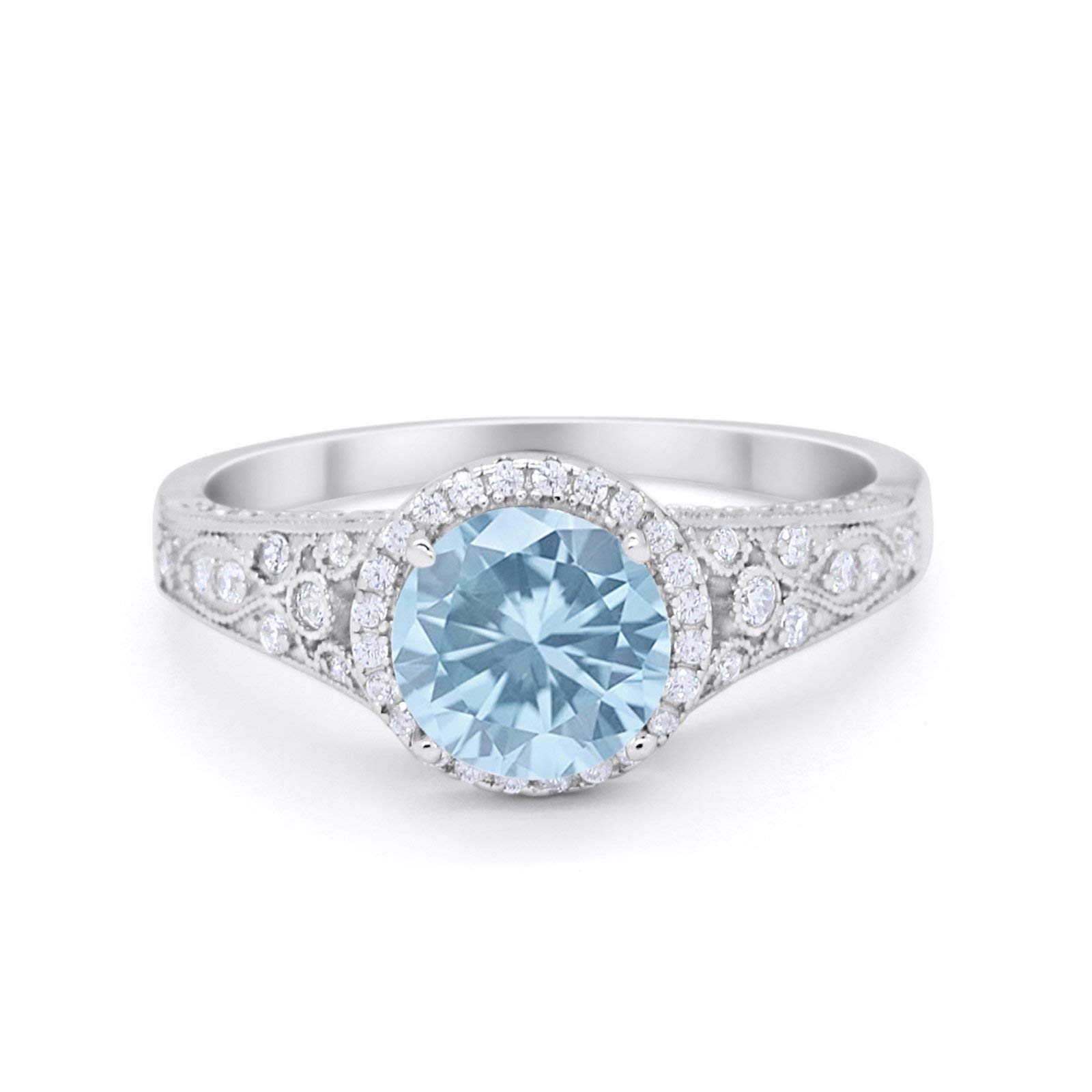 Blue Apple Co. Art Deco Vintage Style Wedding Ring Round Simulated Aquamarine Cubic Zirconia 925 Sterling Silver Size-7