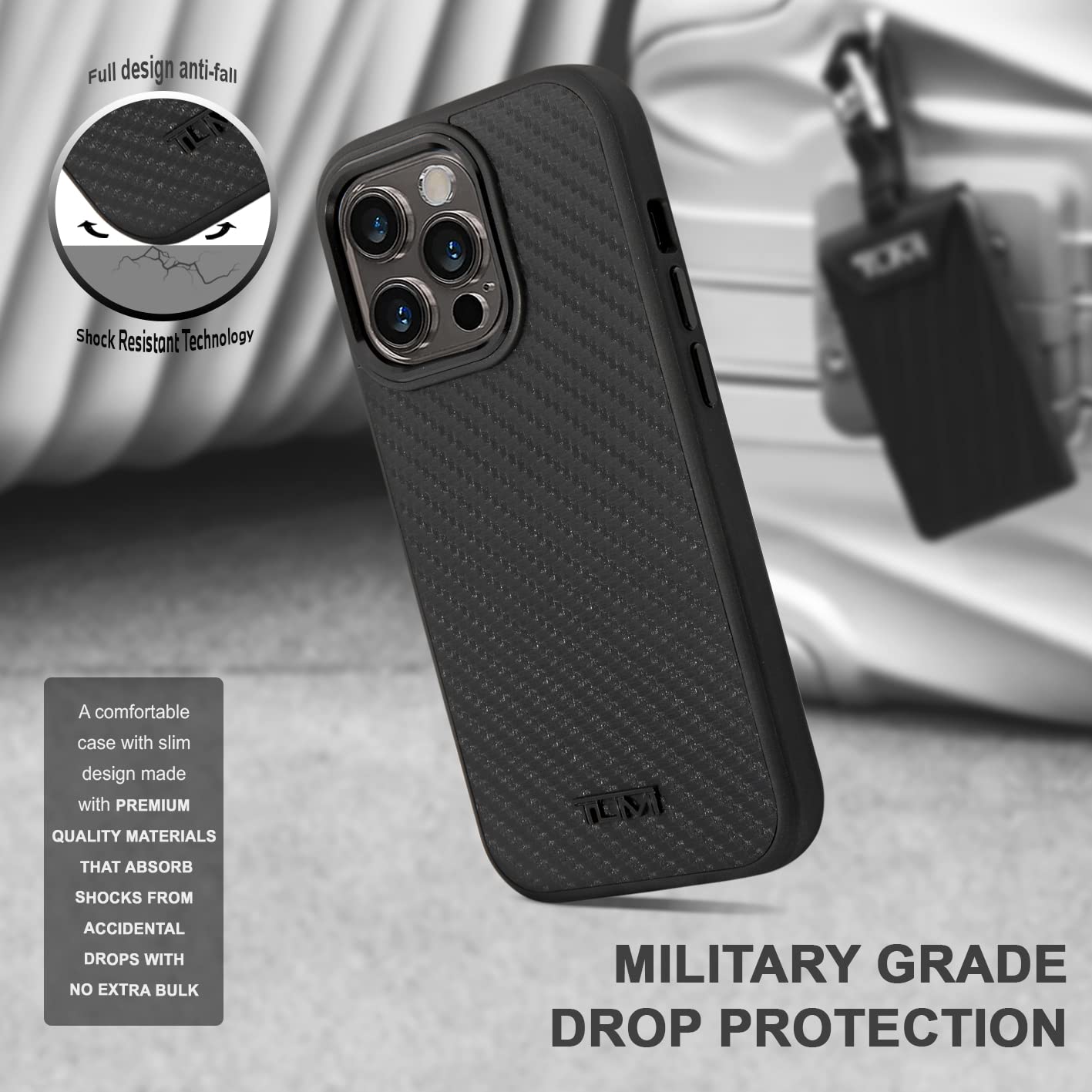 CG MOBILE TUMI Phone Case for iPhone 14 Pro in Black Aluminum Carbon Pattern, Real Protective & Durable Case with Easy Snap-on & Signature Logo