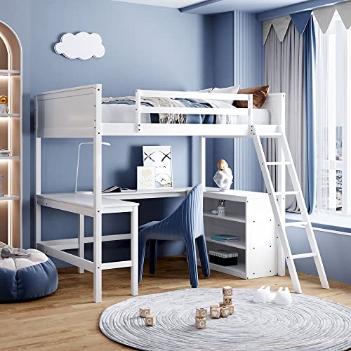 GYYBED Full Size Wooden Loft Bed with 3 Storage Shelves and Built-in L-Shape Desk for Kids Teens Adults Full Size loft Bed with Desk Full Size loft Bed loft Bed with Desk(White + Wood)