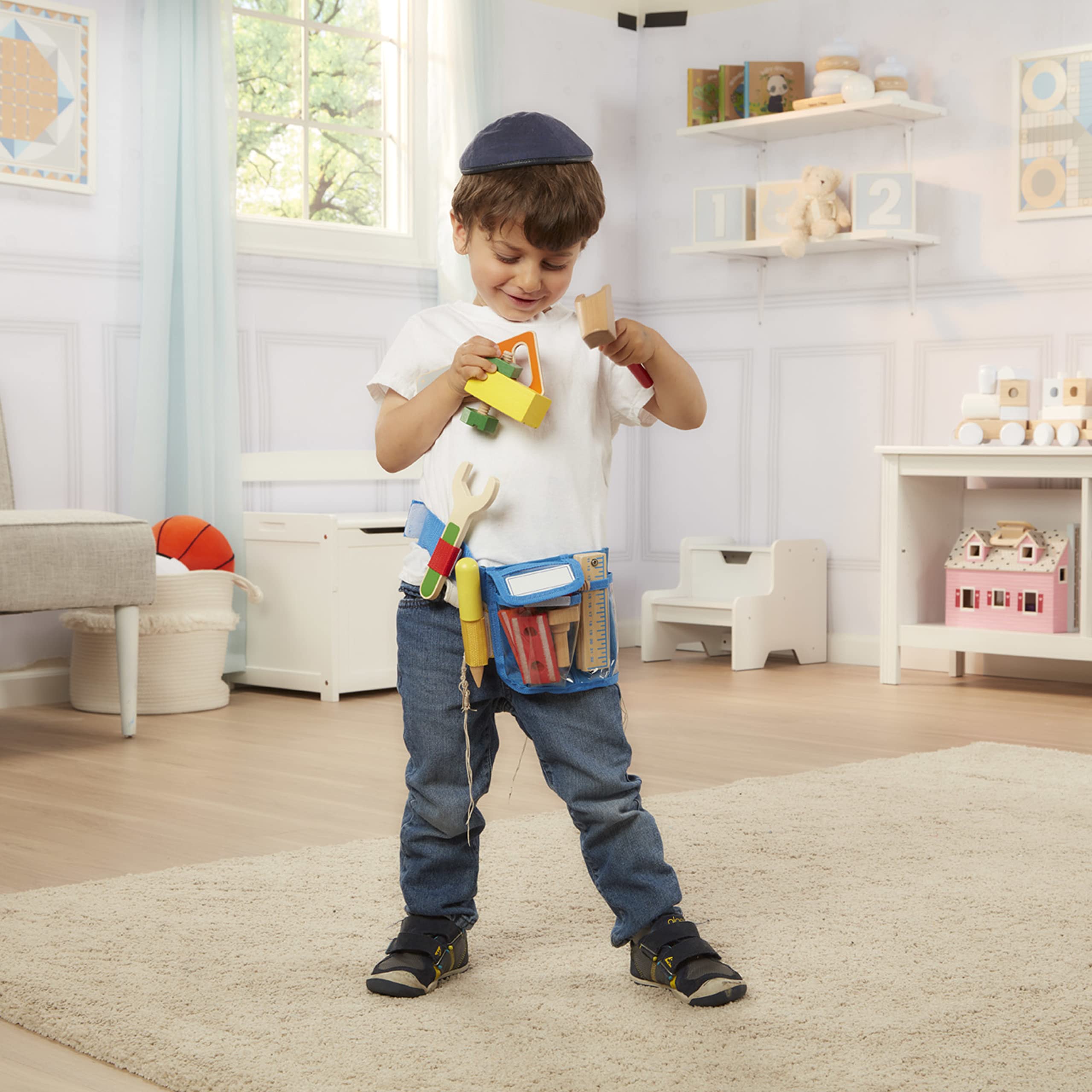 Melissa & Doug Deluxe Tool Belt Set - 5 Wooden Tools, 8 Building Pieces, Adjustable Belt