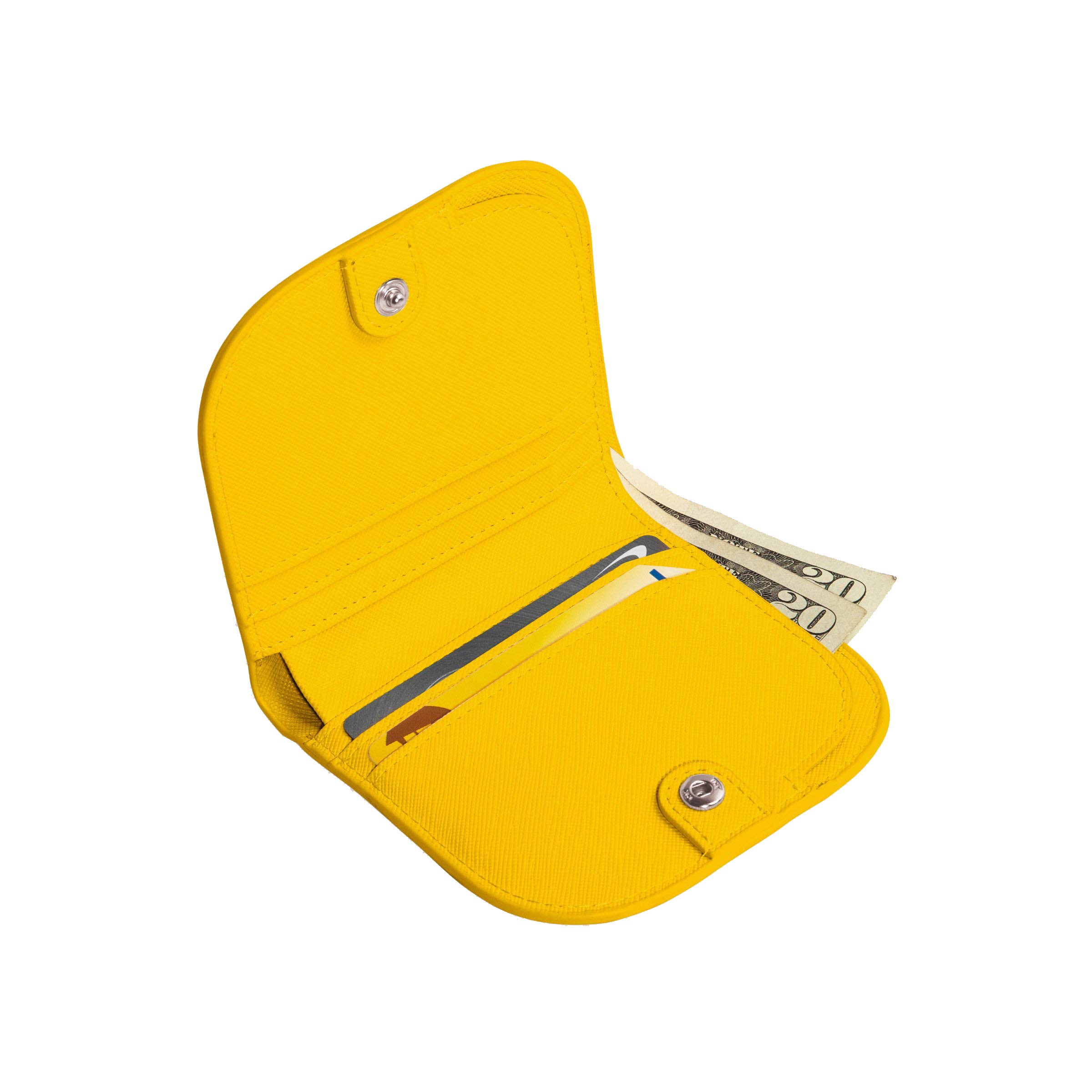 POKETO Dome Wallet, Yellow Saffiano Vegan Leather, 6 card slots, 4" x 3.75"