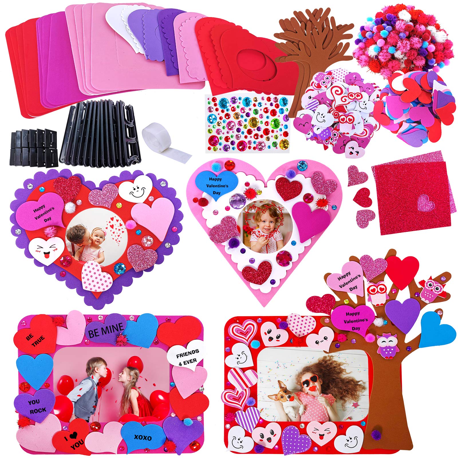 Winlyn 12 Sets Heart Picture Frames Decorations Valentine Crafts Kits DIY Heart Frames Art Sets Smile Hearts Foam Valentine Stickers for Kids Valentine's Day Party Classroom Activities Gift Exchange
