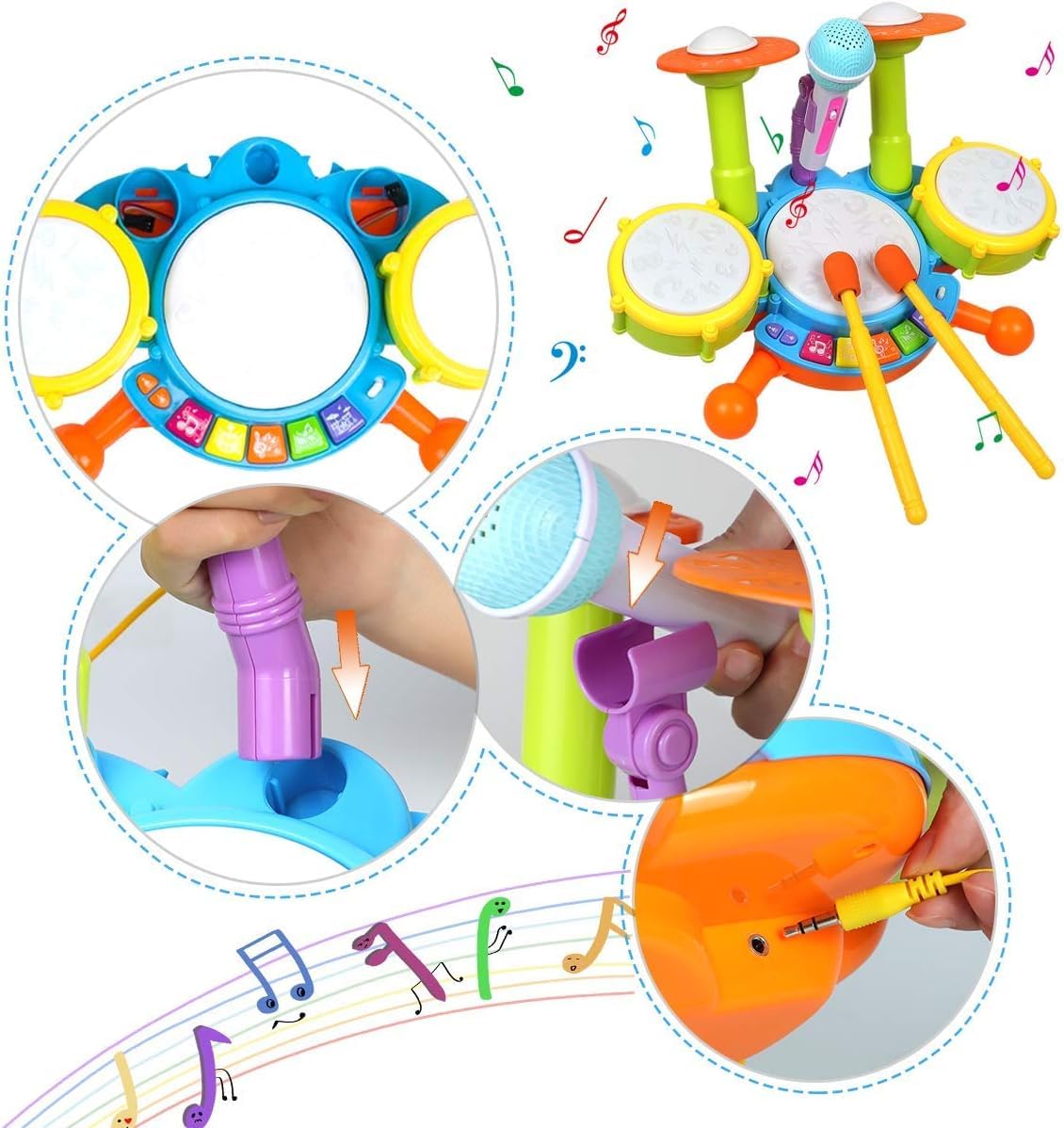 POKONBOY Kids Drum Set for Toddler 1-3, Musical Instruments Learning Toys with 2 Drum Sticks Adjustable Microphone Birthday for Boys Girls 6 12 18 Month (Yellow)